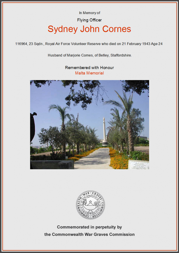 Biography – Flying Officer Sydney John Cornes – St Margaret's Church